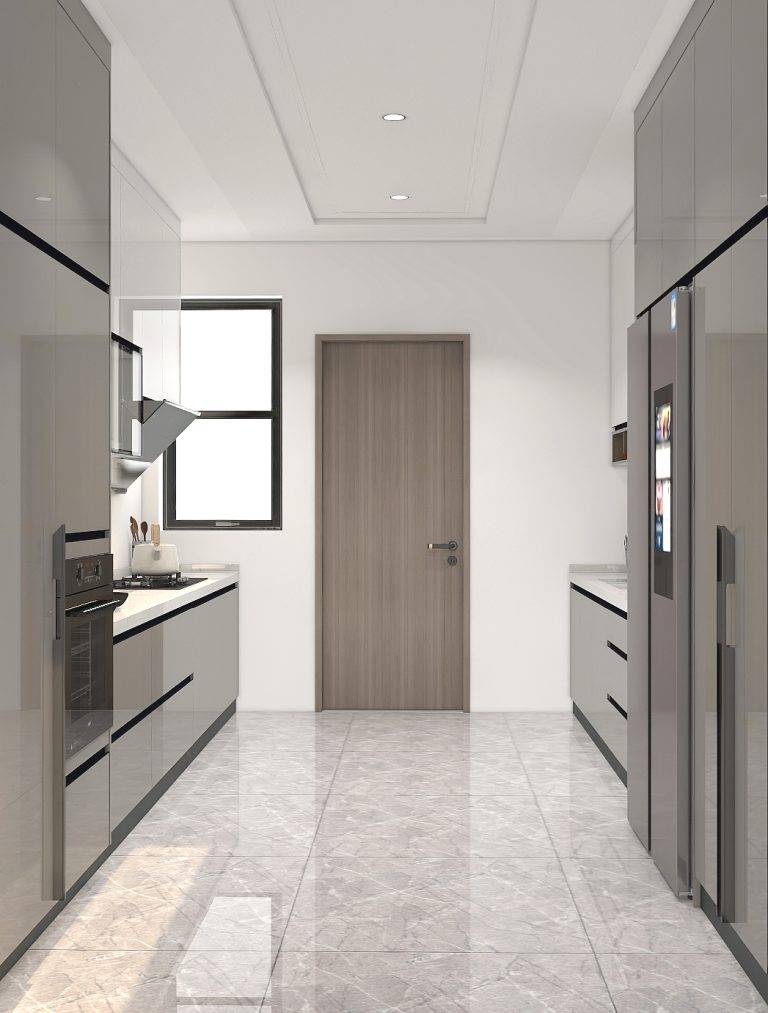 Modern Gray Lacquer Gallery Kitchen Cabinet - PA Kitchen