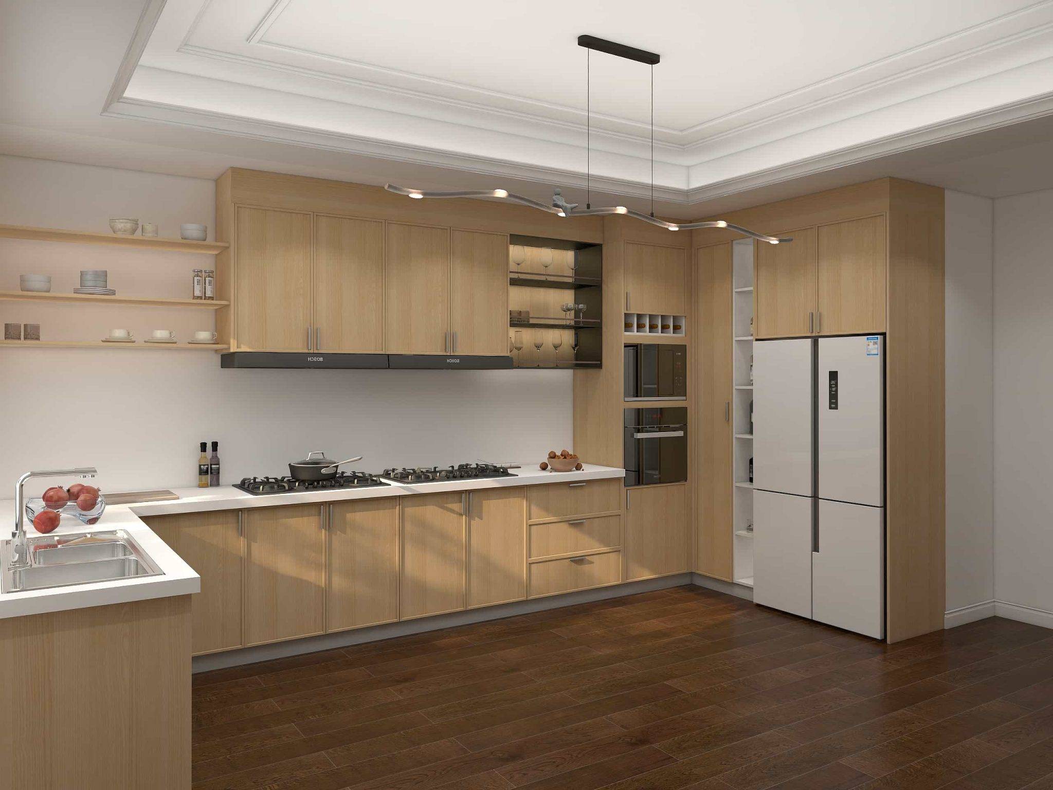 Modern Wood Veneer U-shaped Kitchen Cabinets - PA Kitchen