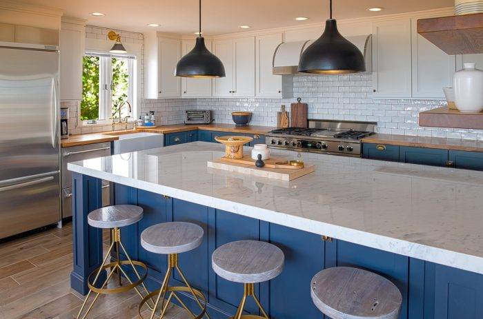 Modern Blue L-shape Plywood Kitchen Cabinet - PA Kitchen