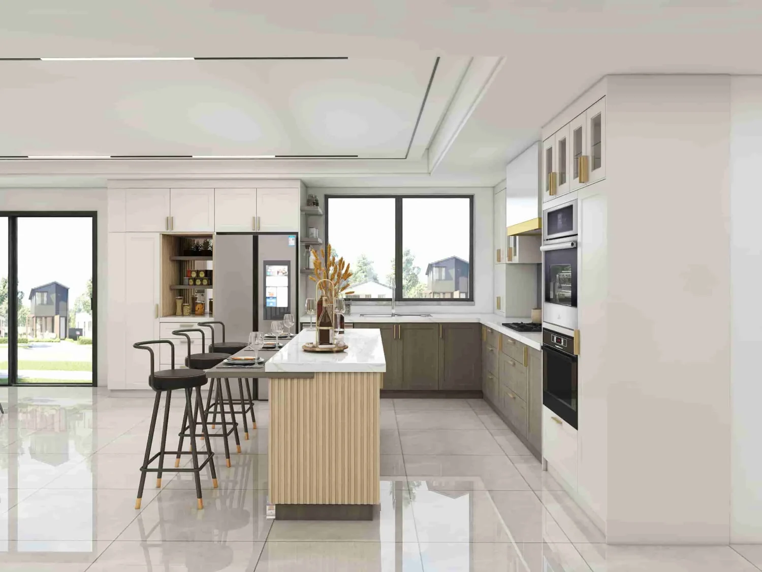 Modern PVC Kitchen Cabinets With Grille Island - PA Kitchen