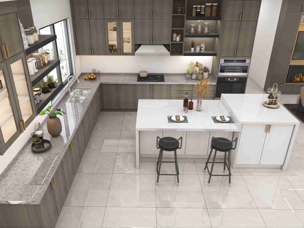 Modern Kitchen Cabinets with Dark Wood PVC Accents - PA Kitchen