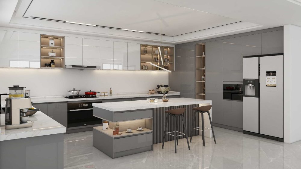 Modern Two-tone Grille U Shaped Kitchen Cabinet - PA Kitchen