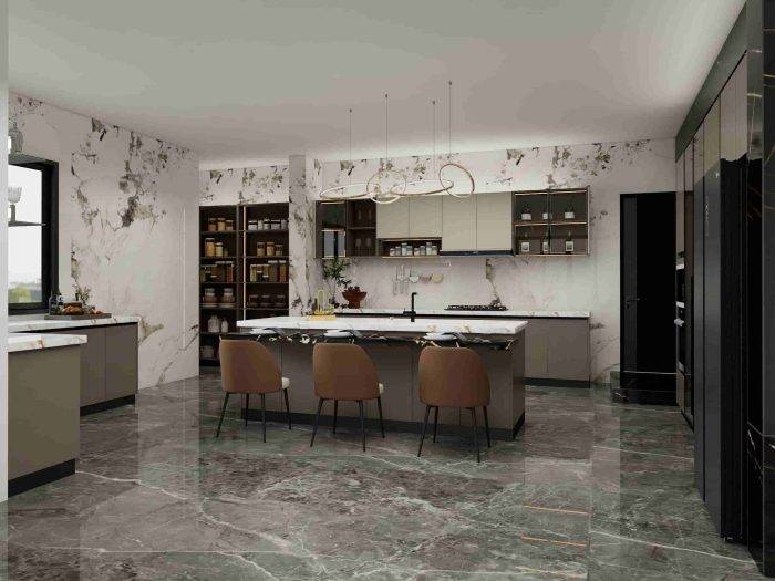 Modern Two-tone Island Marble Kitchen Cabinet - PA Kitchen