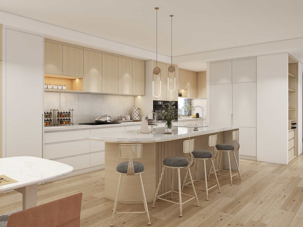 Modern White and Wood Grille Kitchen Cabinets - PA Kitchen