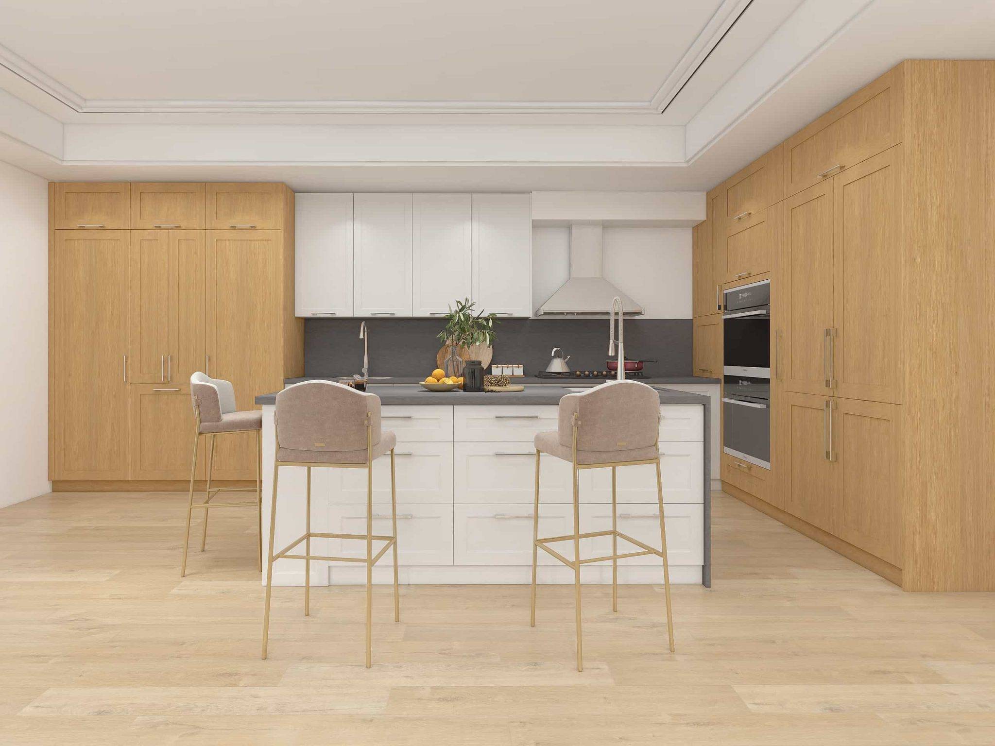 Wood Farmhouse Two-tone L Shaped Kitchen Cabinets - PA Kitchen