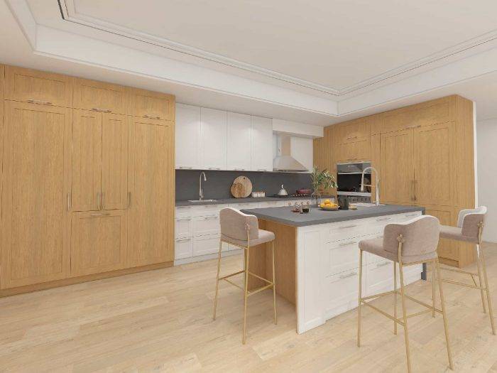 Wood Farmhouse Two-tone L Shaped Kitchen Cabinets - PA Kitchen