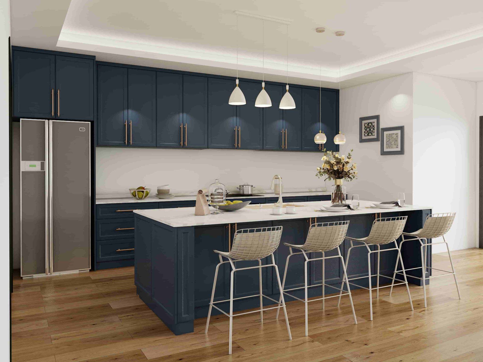 Modern Gallery Navy Blue Lacquer Kitchen Cabinets - PA Kitchen