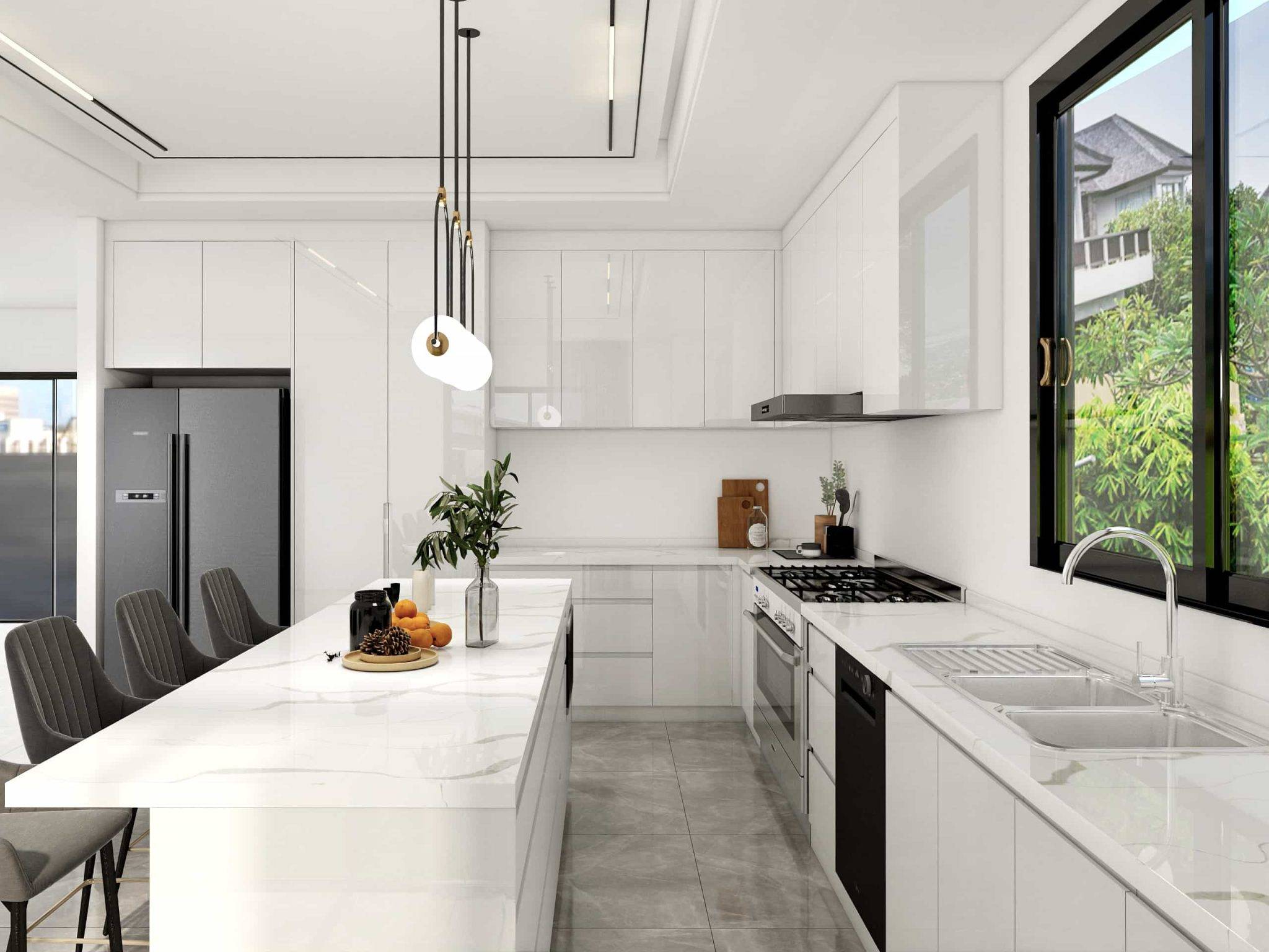 Modern L-Shaped Light White Lacquer Laminate Kitchen Cabinets - PA Kitchen