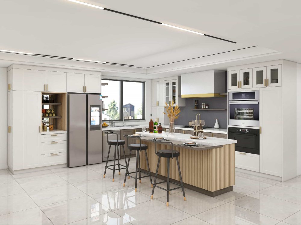 White PVC Modern L-Shaped Grille Kitchen Cabinets with Island - PA Kitchen