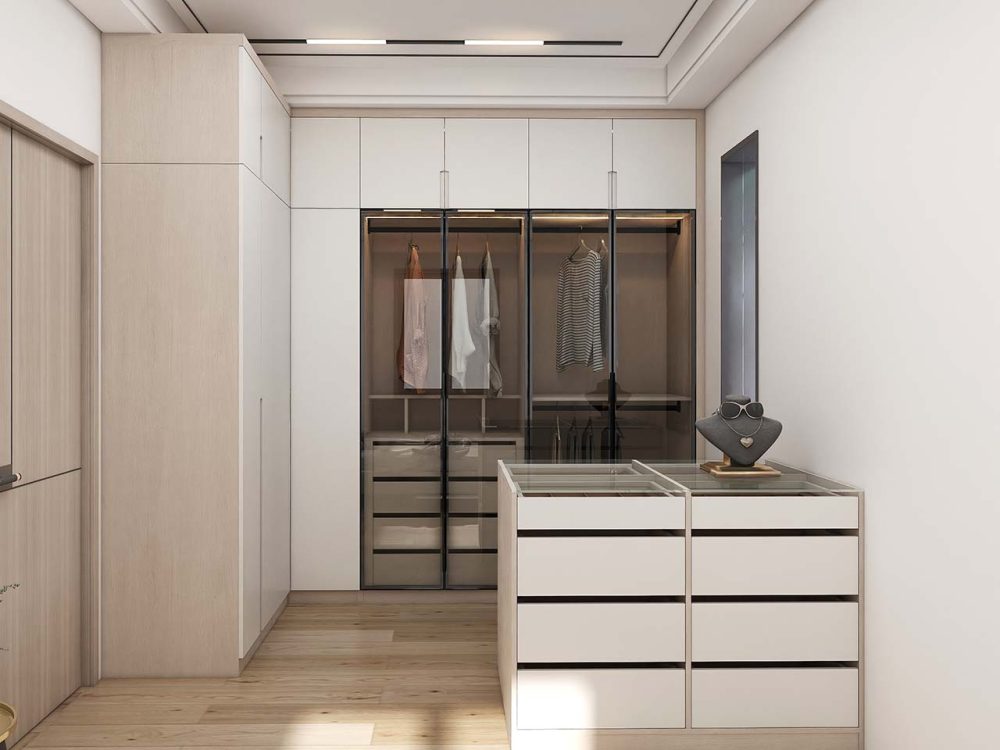 Elegant Modern White Walk In Closet with Glass Doors - PA Kitchen