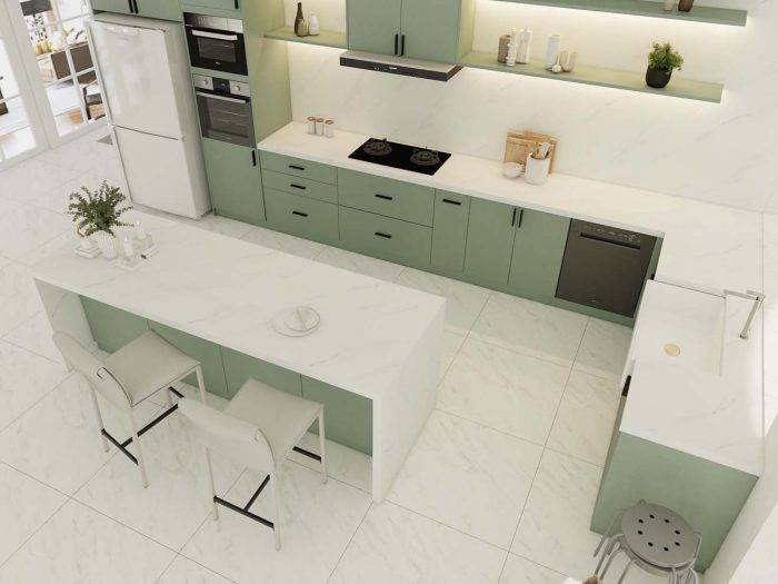 ตู้ครัวสีเขียวเซจที่สดชื่นและผ่อนคลายสำหรับครัวสมัยใหม่ - PA Kitchen